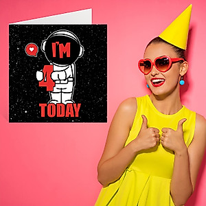 4th Birthday Card Unisex - Space Astronaut - Happy Birthday Card 4 Year Old Son Daughter Brother Sister Grandson Granddaughter Niece Nephew Cousin, 5.7 x 5.7 Inch Fourth Bday Greeting Card