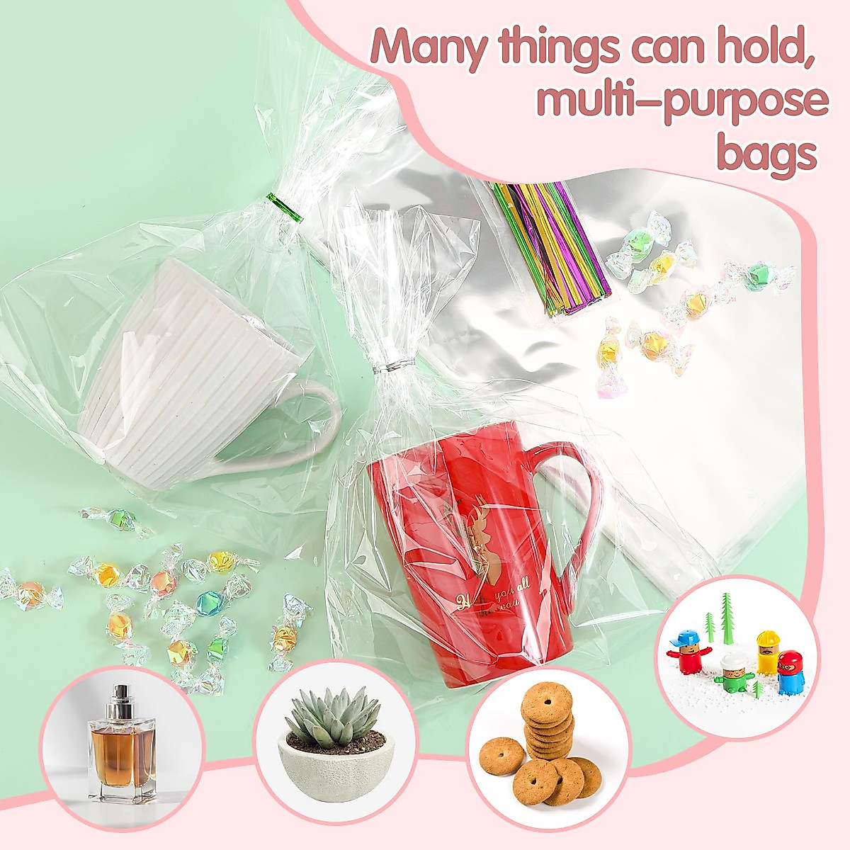 50 pcs Clear 11" x 14" Flat Cello Cellophane Bags Poly Treat Bags 2.8 mils for Gift Wrapping, Bakery, Cookie, Candies, Toast, Dessert, Party Favors Packaging with Color Twist Ties