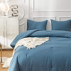 Pureant Blue Comforter Set Queen 3Pcs Dusty Blue Bedding Comforter Sets for Women Men Cotton Lake Blue Queen Comforter Soft Grayish Blue Queen Size Comforter Sets Solid Haze Blue Quilt Breathable
