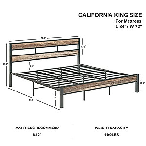 LIKIMIO California King Bed Frames, Easy Assembly, Noise-Free, No Box Spring Needed, Heavy Strong Metal Support Frames, Cal King/Rustic Brown