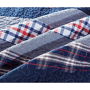 Chezmoi Collection Milton 3-Piece Plaid Checkered Patchwork Striped Quilted 100% Washed Cotton Reversible Bedspread Quilt Set, Queen