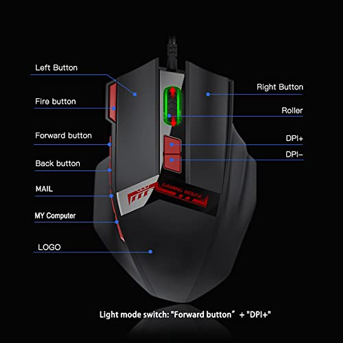 Yolispa USB Wired Mouse 10- Key Gaming Mouse with RGB Light 4- Level Adjustable DPI for Game Daily Office Work