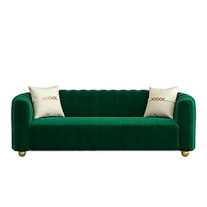 IQIAite 83'' Luxury Velvet Sofa Couch for 3 Person Fashion Couch with 2 Pillows, Metal Legs Solid Wood Frame Chesterfield Sofa Couch for Living Room/Hotel (Green)