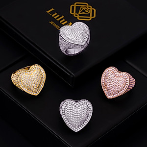 Lulu Mel Iced out Jewelry heart shape party ring，14k gold plating CZ micro setting shiny INS style bling rose gold big size heart ring for men women (Gold, 8)