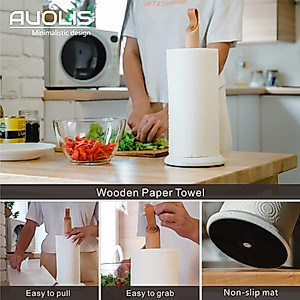 Paper Towel Holder Countertop - Auolis Wooden Paper Towel Rack - Stand Kitchen Accessories Paper Towels Rolls Dispenser with Leather Handle & Cement Base ,for Bathroom and Farmhouse(White)