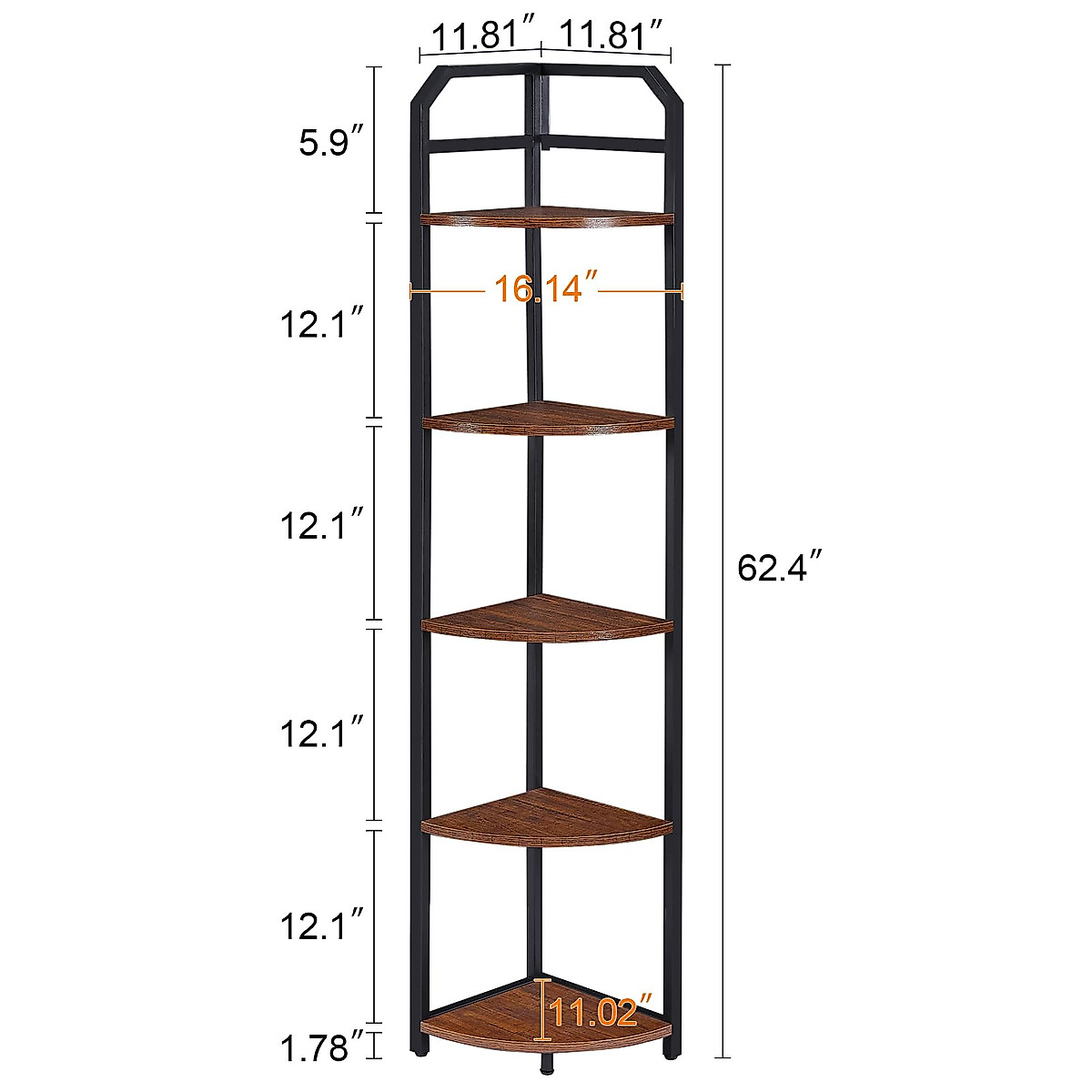 MNEETRUNG Corner Shelf, 5-Tier Industrial Corner Bookshelf, Freestanding Corner Shelf Stand with Metal Frame, Open Corner Plant Stand for Small Space, Home Office, Living Room, Bedroom, Brown