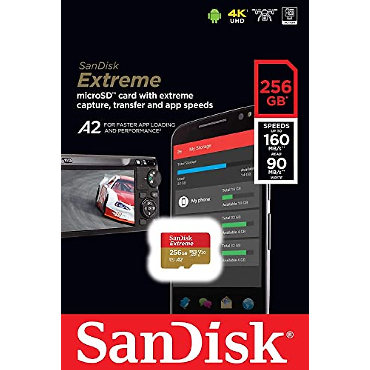 SanDisk Extreme 256GB Micro SD Memory Card for GoPro Works with GoPro Hero 9 Black Camera UHS-1 U3 / V30 A2 4K Class 10 (SDSQXA1-256G-GN6MN) Bundle with 1 Everything But Stromboli MicroSD Card Reader