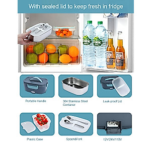 CHARMDOO Electric Lunch Box, 80W Portable Lunch Warmer Food Heater for Adults Car/Truck/Office 12/24/110V, Fast Heating Lunchbox with Leak Proof Lid SS Container, Grayish Blue