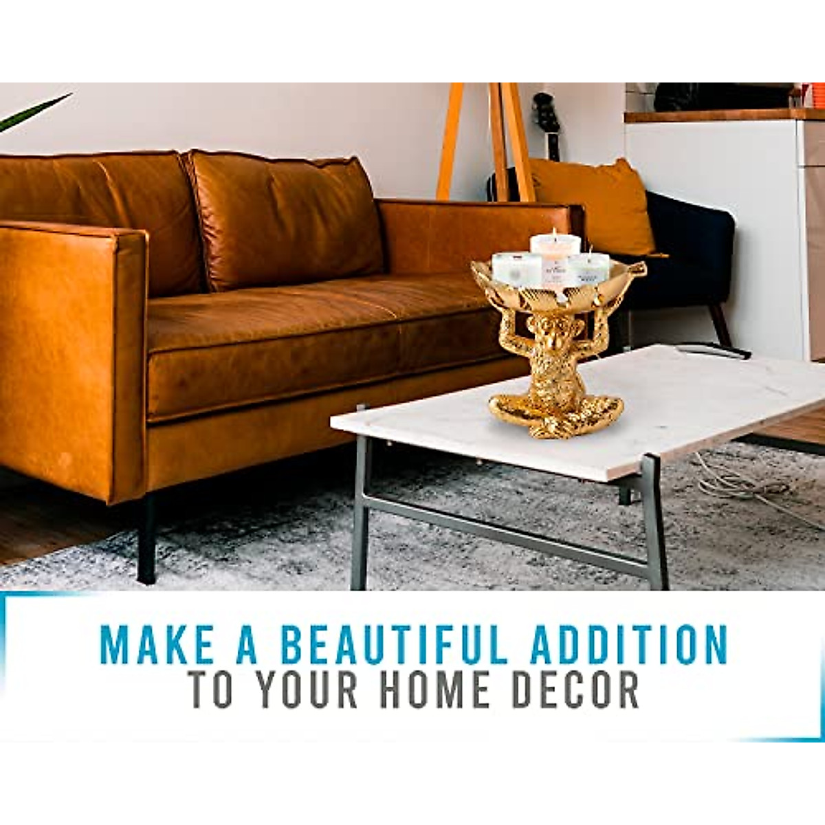 Adorable “Monkey” Candy Tray Made of Resin – Monkey Sculpture w/Split Leaf Dish for Snacks, Nuts, Candies & More – Decorative Holder w/Golden Finish for Keys or Jewelry – Ornament for Modern Decor