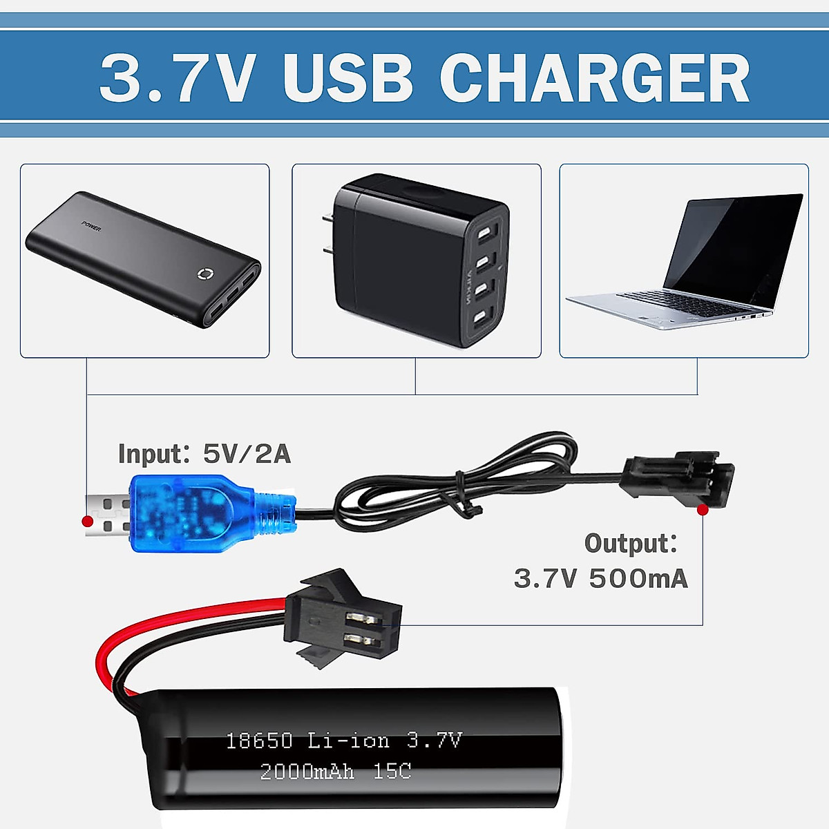 VICMILE 3.7V 2000mah Li-ion Battery 2Pack with 2 USB Chargers SM-2P Plug 15C RC Recgargeble Battery Compatible with DE45 DE42 Remote Control Cars