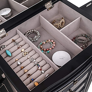 EEBUIHUI Standing Jewelry Armoire Cabinet Storage Chest with 7 Drawers, 2 Swing Doors, 24 Necklace Hooks, Makeup Mirror Storage Organizer, Large Standing Jewelry Armoire (Black)