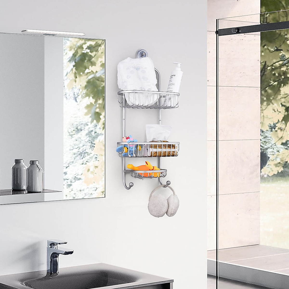 Dailyart Hanging Shower Caddy, Shower Head Caddy Hanging Storage Organizer over the Shower Head Aluminum Shampoo Holder with Extra Basket Hanging Shower Rack, Silver, 11.8" x 4.7" x 25"