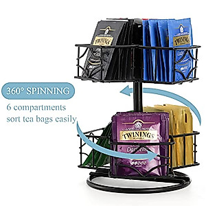 Frcctre Tea Bag Organizer, 360 Degree Tea Bag Spining Carousel Organizer with 6 Compartments, Lazy Susan Sugar Coffee Creamer Caddy for Kitchen Counter Cabinet Organizer, Up to 60 Tea Bags Storage