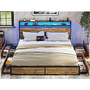 ADORNEVE King Size Bed Frame with Drawers, LED Bed Frame with 2 Tier Storage Headboard and LED Lights, Metal King Platform Bed with Charging Station, Double-Row Support Bars, Noise-Free, Vintage Brown