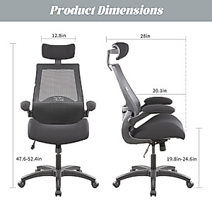 BOLISS Office Chair,with Thicken Seat Cushion Waist Support Adjustable Headrest Flipped Arms Erogonomic Office Desk Chair,Suilt for Home and Office-Gry