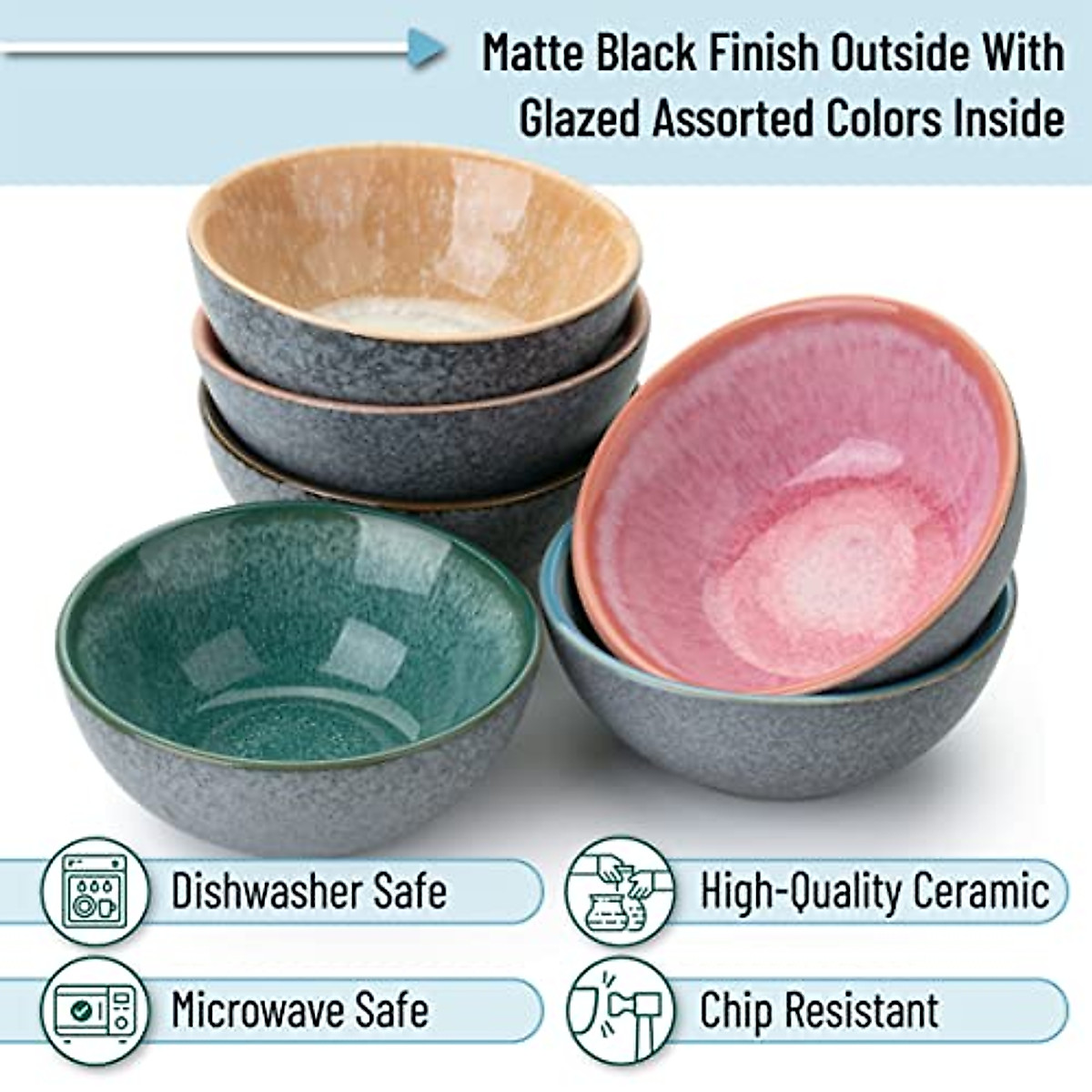 Brew To A Tea BTaT- Ceramic Dipping Bowls, 3.5 Oz, Set of 6, Colorful Small Bowls, Soy Sauce Dish, Dip Bowls, Sauce Bowls, Mini Bowls, Condiment Bowls, Small Bowls for Dipping