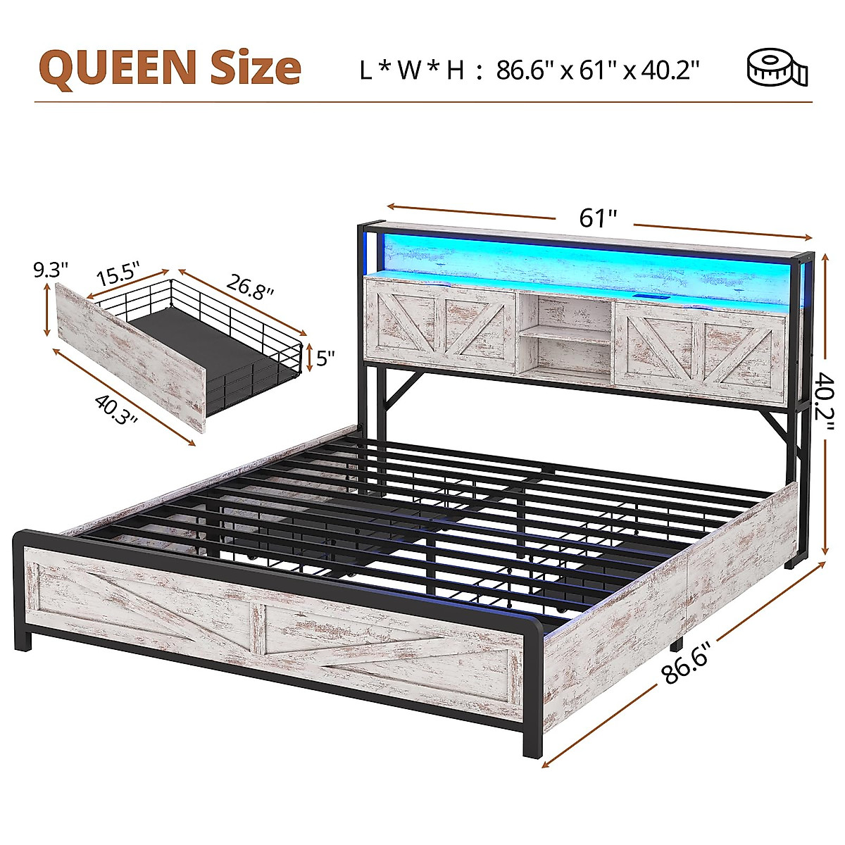 BTHFST Queen Bed Frame with Headboard & Drawers, Farmhouse LED Queen Bed with USB-C/A Charging Station, Headboard with Hidden Storage, No Box Spring Needed, Washed Oak Grey
