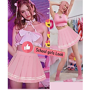 Avidlove Short Pleated Skirt Sexy Mini Skirt Cheer Skirt School Girl Skirts for Women (Pastel Pink， Large)