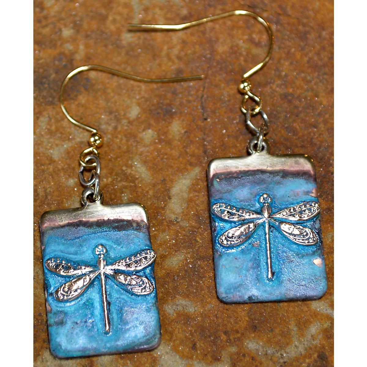 Elaine Coyne Wearable Art Verdigris Patina Solid Brass Dragonfly on Rectangle Dangle Earrings