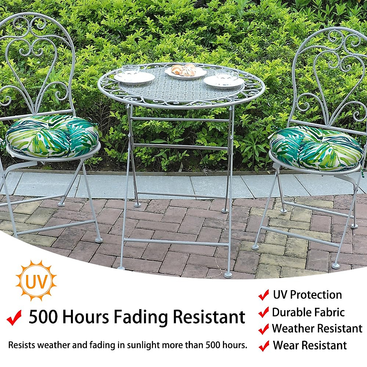 Magpie Fabrics 15" Round Bistro Seat Cushions with Ties, Set of 2, Waterproof All Weather Tufted 4" Thick Patio Chair Pads for Home Garden Dining Metal Stool - Green Palm Leaves