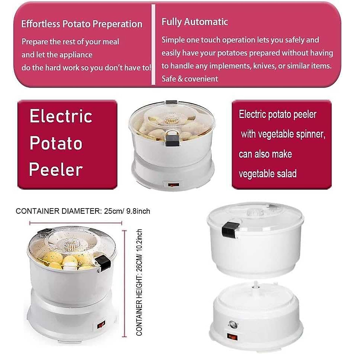 TINTAG Potato Peeler,Potato Peeling Machine,Fully Automatic Salad Rotator,One-Touch Start,Load-Bearing 1KG Potato Electric Peeling Machine,Peeling Tool for Kitchen,Home and Commercial