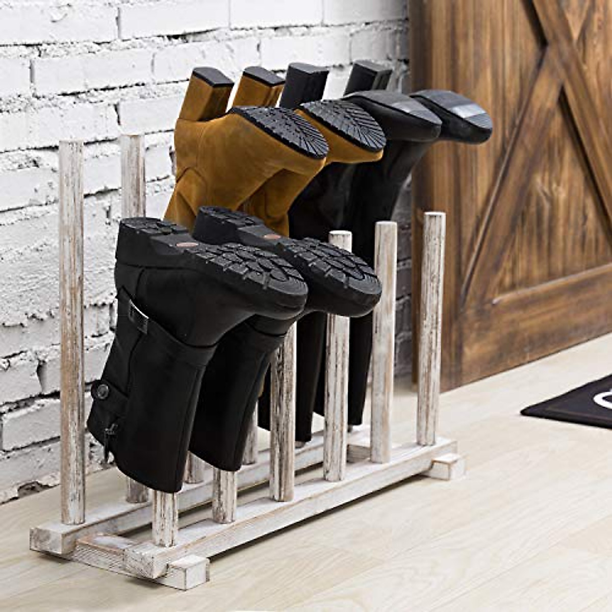 MyGift Shabby Whitewashed Wood Boot Rack Organizer Tall Boots Inverter Holder - Holds up to 6 Pairs