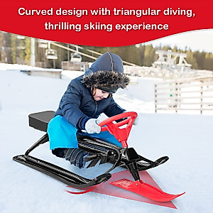 Costzon Snow Racer Sled, Ski Sled with Steering Wheel & Twin Brakes, Durable Steel Frame, Great Weight Capacity of 220 LBS, Classic Downhill Steerable Sled for Kids Teenagers Adult (Red)