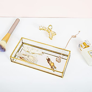 Feyarl Gold Clear Glass Vanity Tray Jewelry Trinket Rings Earrings Organizer Perfume Collection Display Decorative Tray for Dressr Drawer Office Tabletop (7.87Inch)