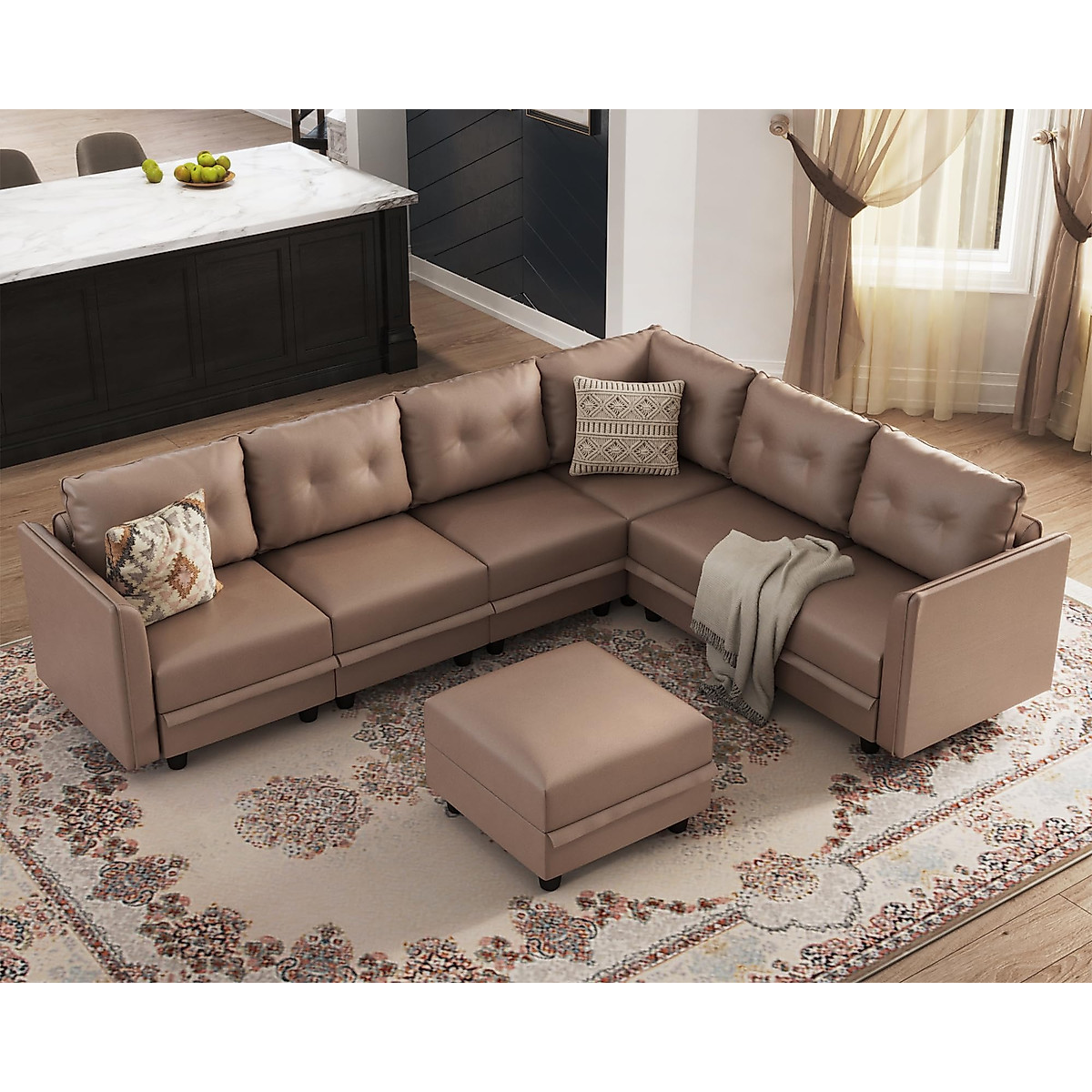 LLappuil Modular Sectional Sofa, Convertible L Shaped Sectional Couch with Storage, Faux Leather Fabric, Modular Sectionals with Chaise, 7 Seats Sofas for Living Room, Cognac Brown