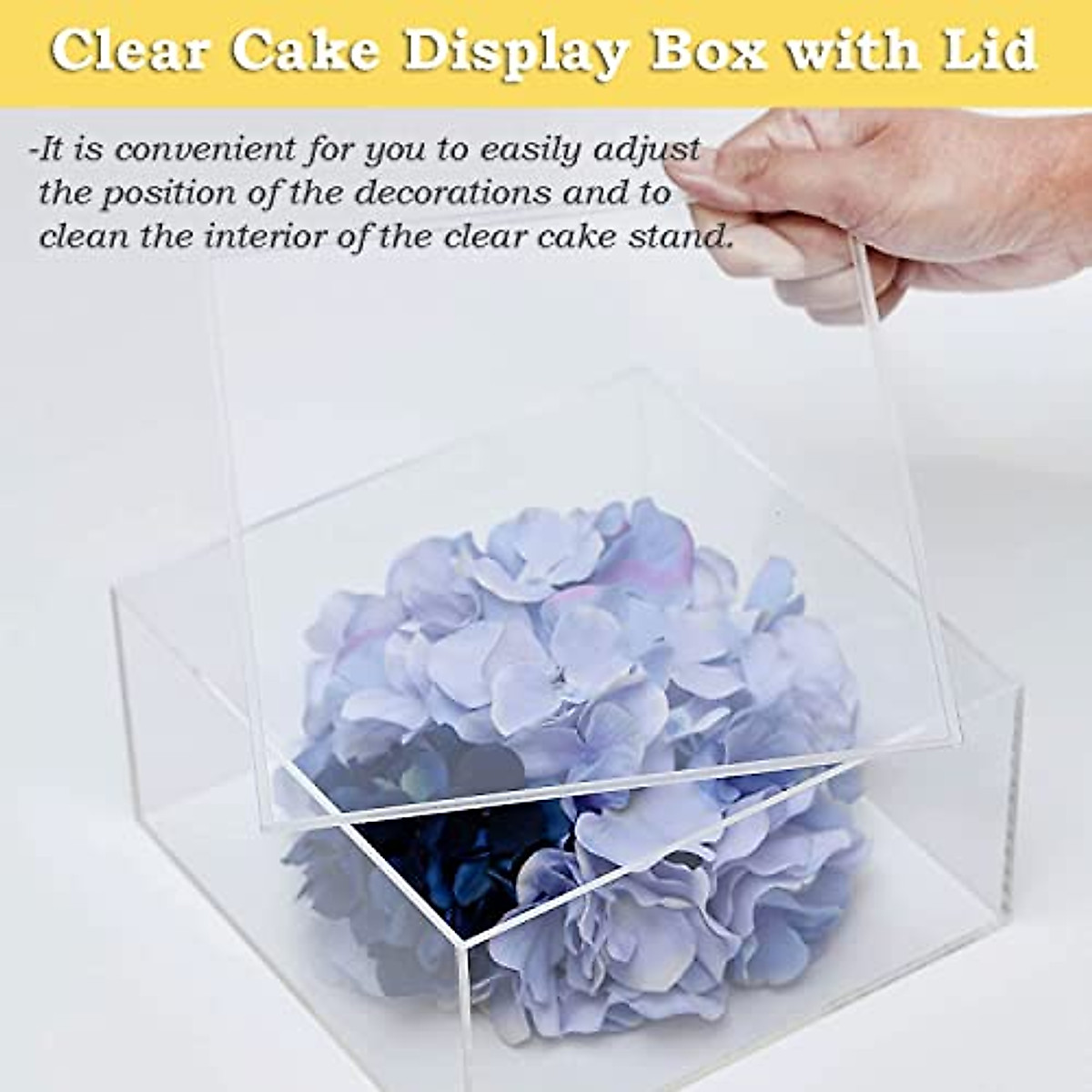 Nynelly Acrylic Cake Stand with Lid, Square Cake Riser Clear Cake Box Stand, Fillable Cube Pedestal Stands for Parties, Decorative Centerpiece for Wedding Birthday Party (2pcs, 8" Dx4”H; 12" Dx4”H)