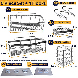 Rustproof Adhesive Shower Caddy Hanging - ASA STORES Silver 5-Pack No Drill Bathroom Organizer With 20 Hooks, Soap Holder,4 Snap Hooks-Stainless Steel Wall Mounted Storage For Kitchen & Home Decor