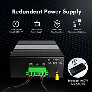 MokerLink 5 Port PoE Industrial DIN-Rail Network Switch, 60W IEEE802.3af/at PoE Power, 10/100Mbps Fast Ethernet, IP40 Rated Network Switch (-40 to 185°F), with UL Power Supply