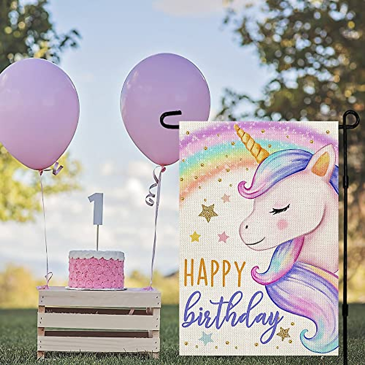 CROWNED BEAUTY Happy Birthday Garden Flag 12x18 Inch Double Sided Girl Unicorn Rainbow Outside Welcome Party Decoration Gift Yard Flag