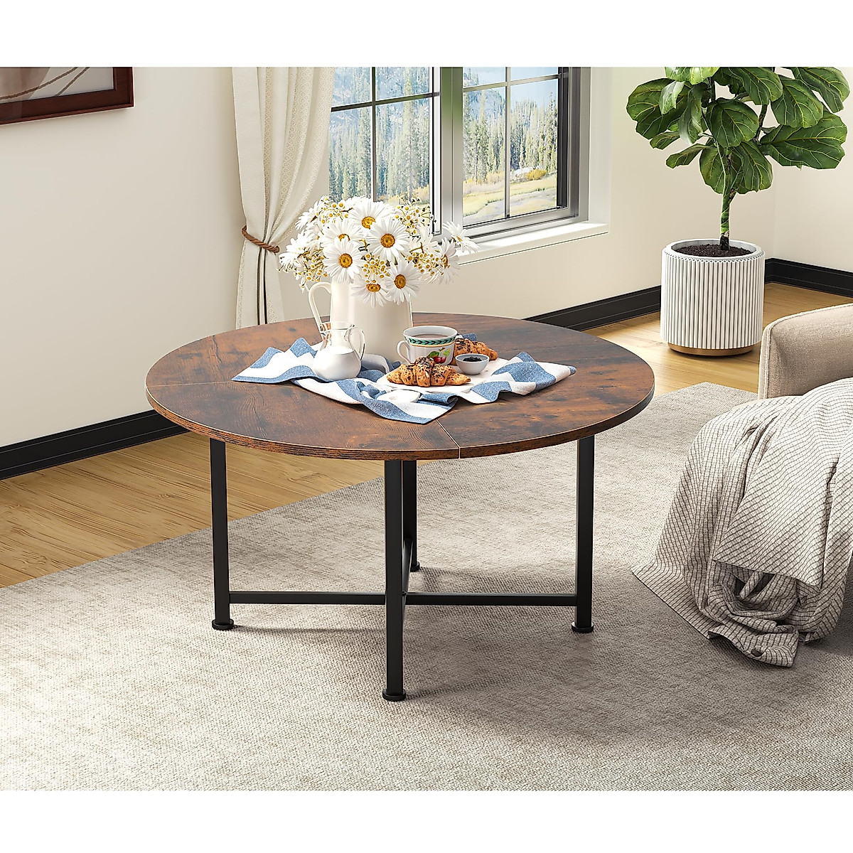 SENIG Round Coffee Table, 2-Tier Coffee Table with Storage Shelf for Living Room, Center Table for Small Spaces, Rustic Brown