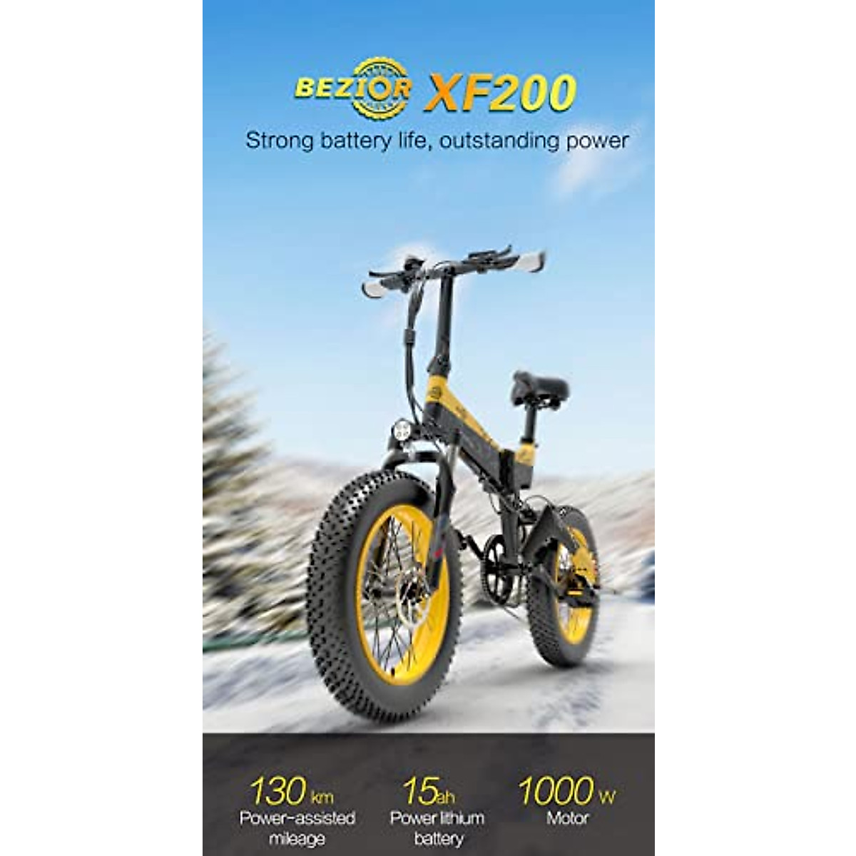 Bezior Electric Bike XF200 for Adults, Foldable 20" x 4.0 Fat Tire Electric Bicycle, 1000w Motor 48V 15Ah Removable Lithium Battery (Black & Yellow)