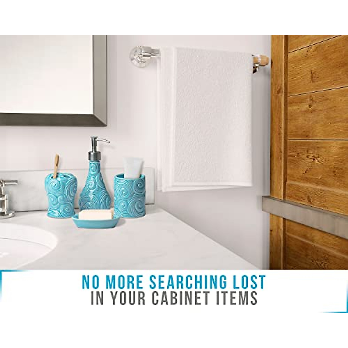 Designer - 4 Piece Bathroom Accessories Set - with Soap or Lotion Dispenser, Toothbrush Holder, Tumbler and Soap Dish - Glossy Finish - Porcelain (Ocean Waves, Aqua Blue) Holds 15.6oz