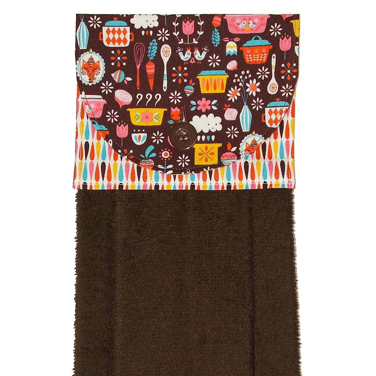 Hanging Hand Towel - Kitchen Tools & Vintage Pyrex Fabric - Brown Blue Pink - Brown Plush Kitchen or Bath Towel - Handmade by Green Acorn Kitchen