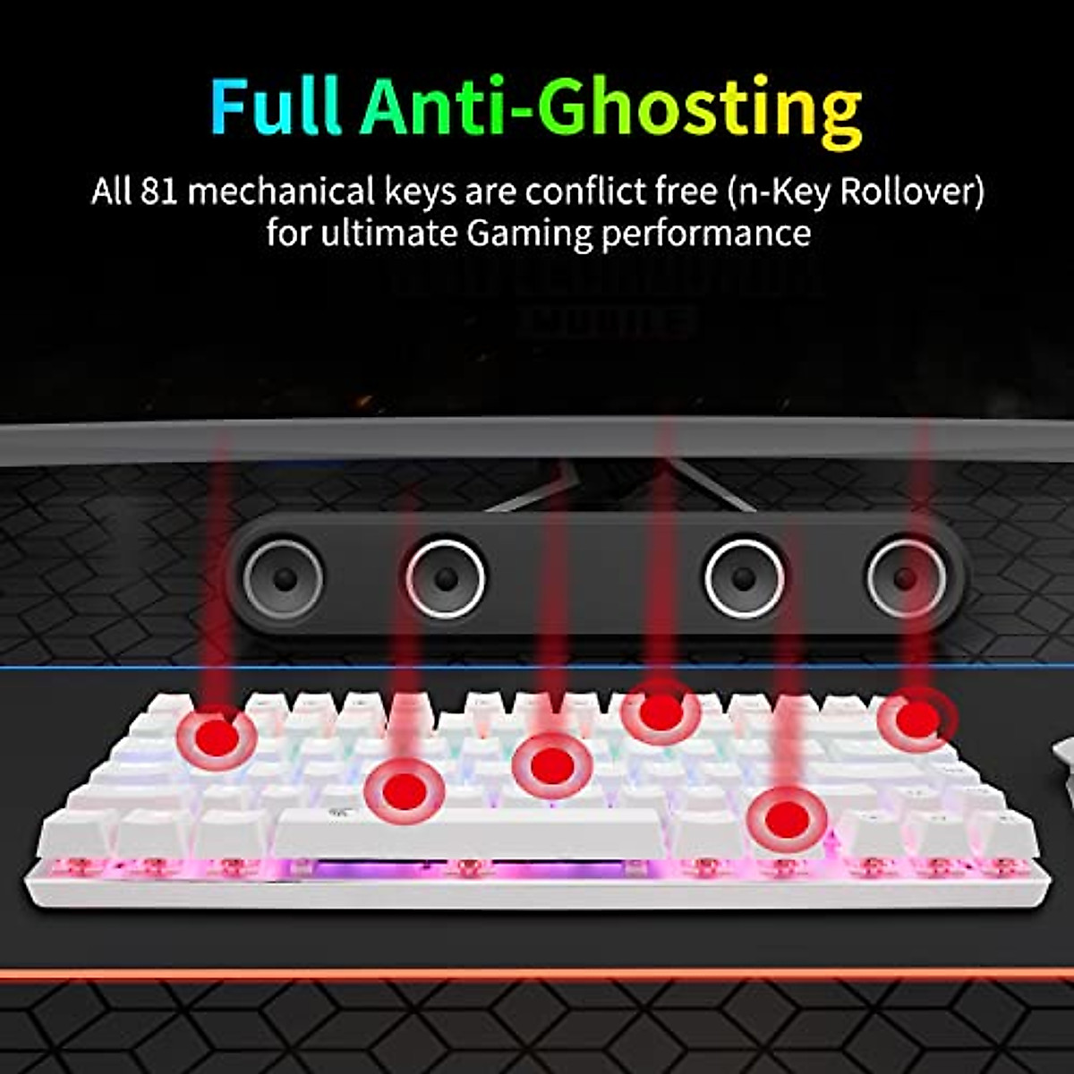 HUO JI 60% Mechanical Gaming Keyboard, E-Yooso Z-88 with Red Switches, Rainbow LED Backlit, Compact 81 Keys Hot Swappable, Silver and White