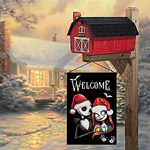 Nightmare Before Christmas Garden Flag 12 X 18 Inches Double Sided, Halloween Welcome Flag, Merry Christmas Yard Flags Durable Burlap Flag Holiday Farmhouse Patio Yard Outdoor Party Ornaments