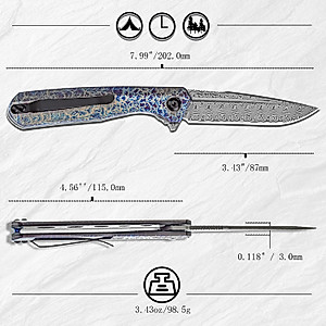 KANSEPT Qilin Pocket Folding Knives for Men EDC Camping Knife 3.24'' Damascus Blade with Titanium with Lightning Strike Finish Handle K1047A3