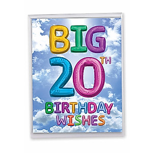 NobleWorks - 20th Birthday Card Jumbo from All of Us (8.5 x 11 Inch) - Milestone of 20 Years, Large Notecard w/Envelope (Not Actual Balloons, 3D or Raised) - Inflated Messages J9394MBG-US