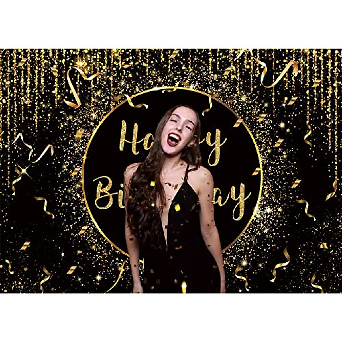 Maijoeyy 7x5ft Black Gold Happy Birthday Backdrop Golden Sparkle Shining Dots Photography Background Glitter Bokeh Sequin Spots Backdrop for Women Men Birthday Party Decoration Banner