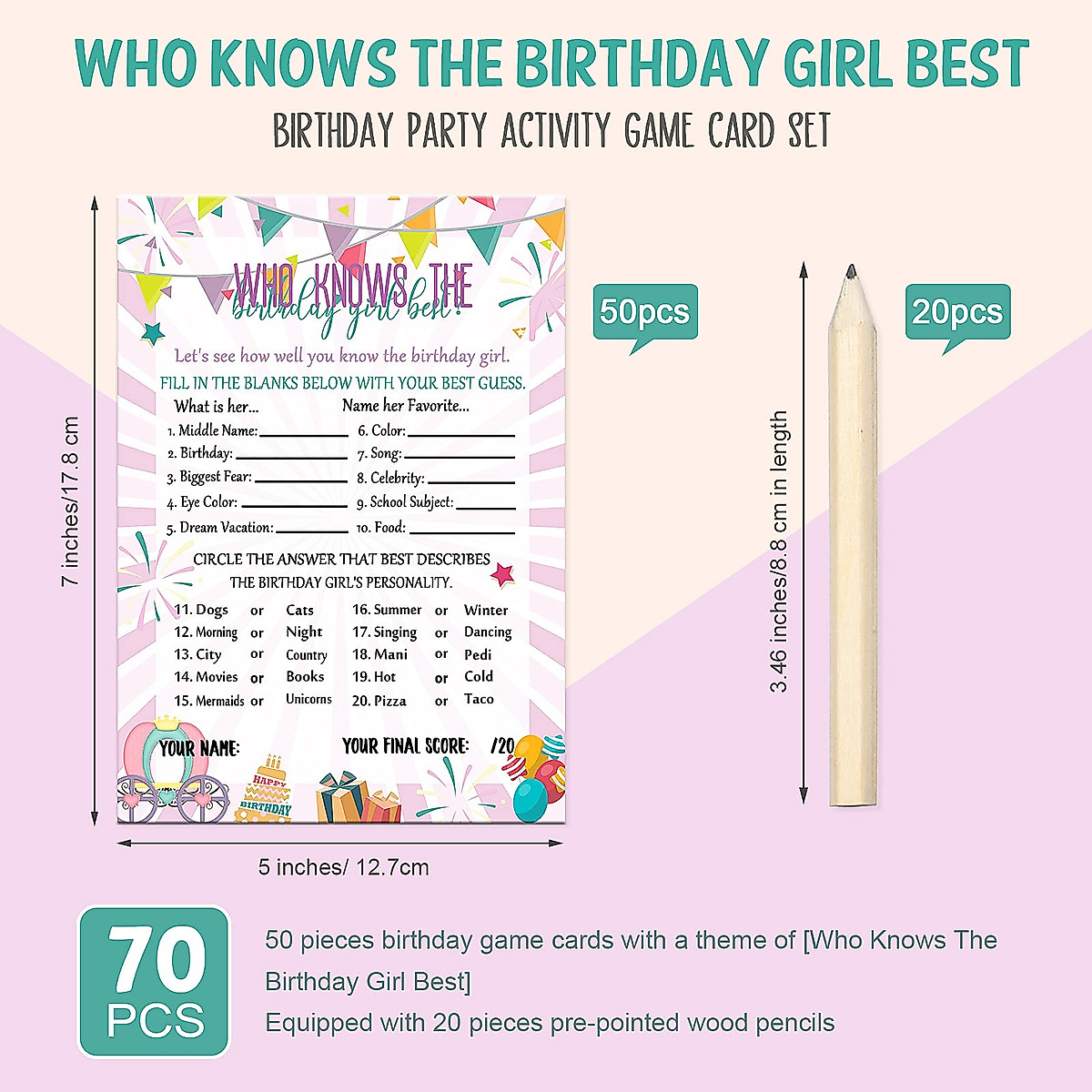 Who Knows The Birthday Girl Best, 50 Pieces Birthday Party Activity Game Card Set Girly Pink Sprinkles Themed Game Card with 20 Pieces Pre-Pointed Wood Pencils for Teen Girl Sleepover Slumber Party