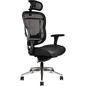 Oak Hollow Furniture Aloria Series Office Chair Ergonomic Executive Computer Chair Genuine Leather Seat Cushion, Mesh Back Adjustable Lumbar Support Swivel Tilt High-Back (Black, Tall, Headrest)