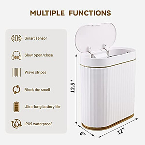 Motion Sensor Trash Can - ELPHECO 2.5 Gallon Waterproof Motion Sensor Trash Can, Bathroom Trash Can, Garbage Bin for Kitchen and Office Use, White with Golden Trim