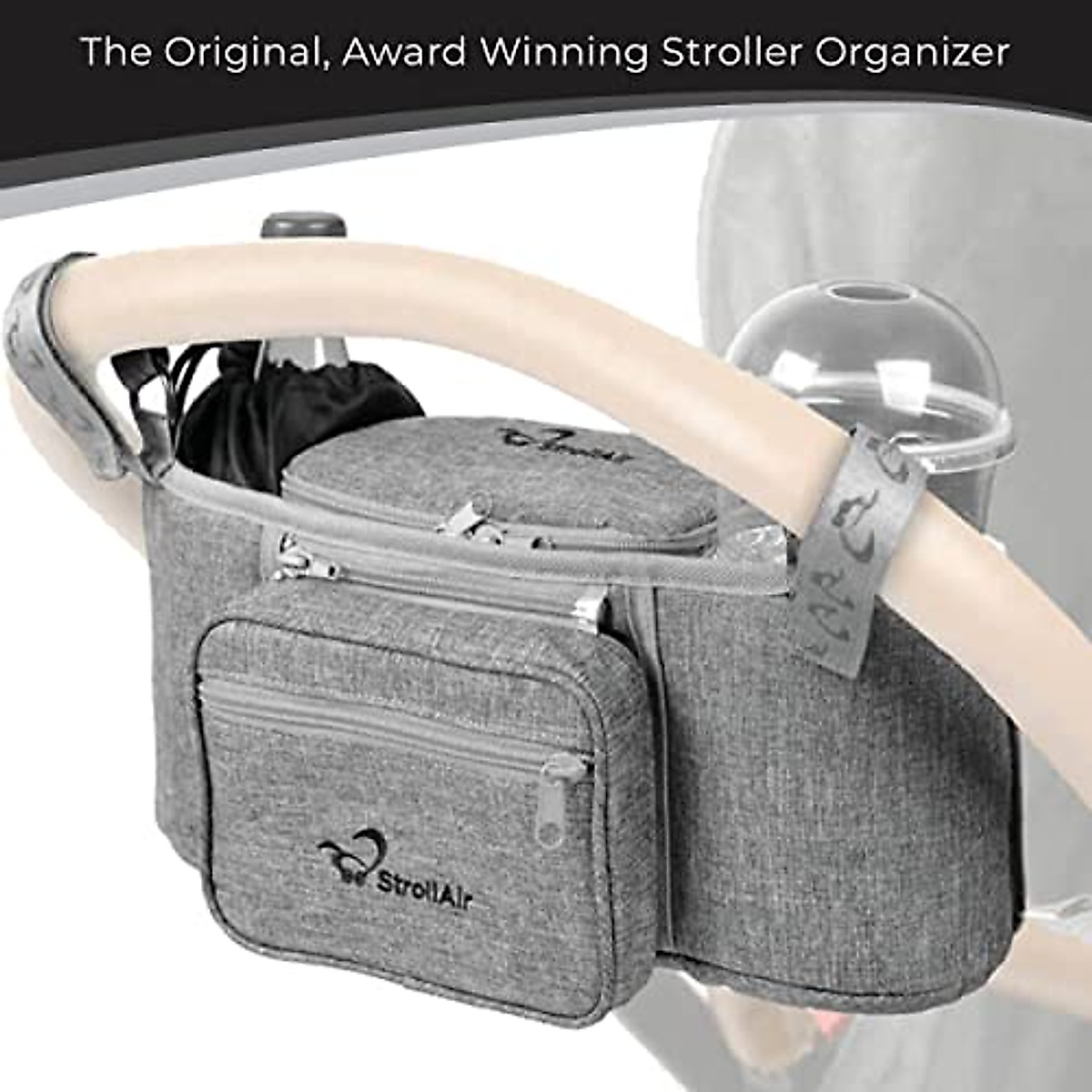 StrollAir - Universal Organizer for Single Strollers – Insulated Cup Holder Console Parent Drink Caddy- Compatible with CosmoS, SOLO, Uppa Baby,Nuna, Baby Jogger, Bumbleride – Grey