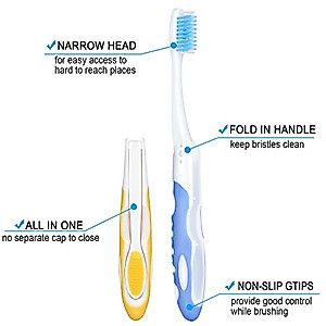 4 Pieces Folding Travel Toothbrush Portable Soft Toothbrush with Soft Bristles Brushes for Sensitive Gums (Pink, Yellow, Blue, Green)