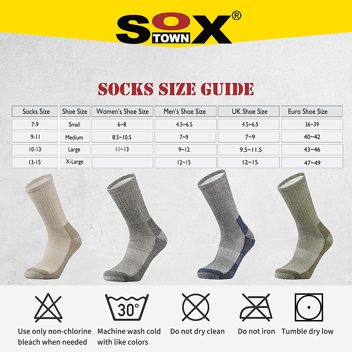 SOX TOWN Men's Merino Wool Cushion Crew Socks Moisture Wicking Control for Outdoor Hiking Work Boot Thermal Warm All Seasons(Black L)