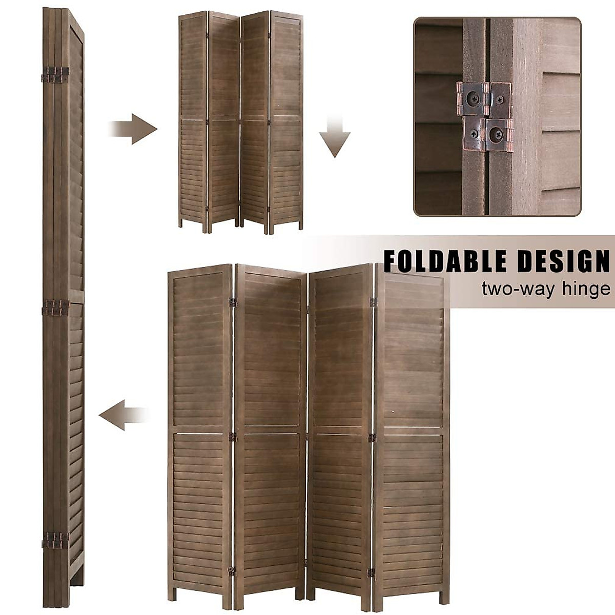 4 Panel Wood Room Divider 5.75 Ft Tall Privacy Wall Divider 68.9" x 15.75" Each Panel Folding Wood Screen for Home Office Bedroom Restaurant （Brown）