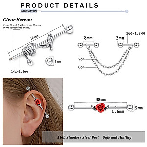 Drperfect Industrial Piercing Jewelry 14G 16G Stainless Steel Cartilage Helix Tragus Conch Earrings for Women Industrial Earrings Chain Cartilage Ear Piercing Jewelry Set